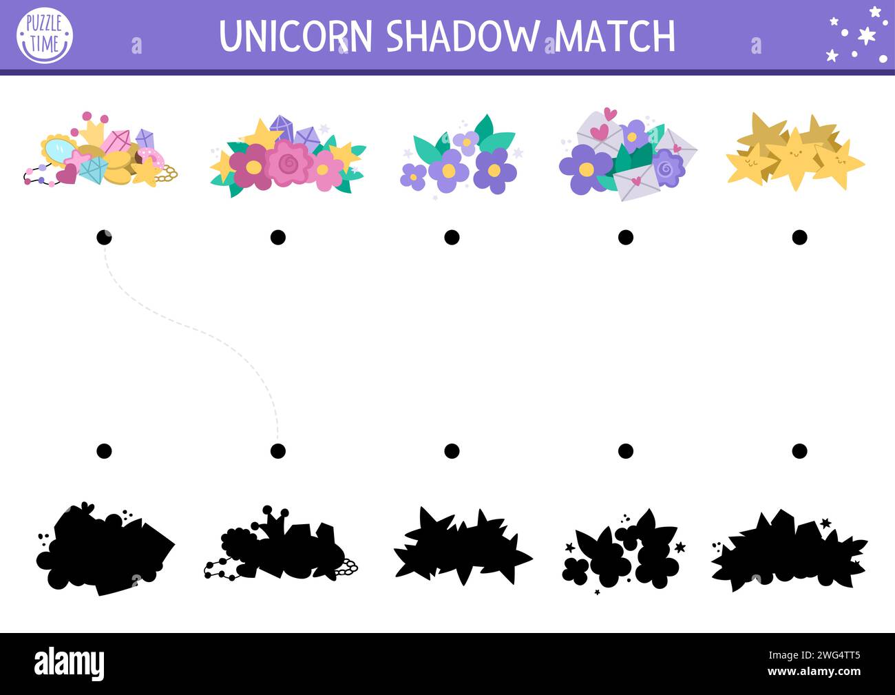 Unicorn shadow matching activity with treasures. Magic world puzzle ...