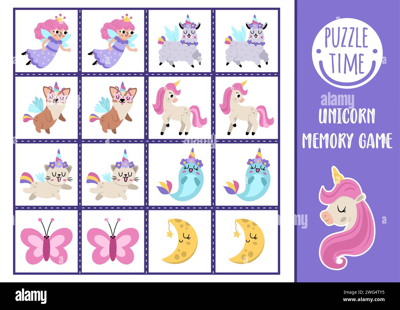 Vector unicorn memory game cards with cute animals with horns and fairy ...