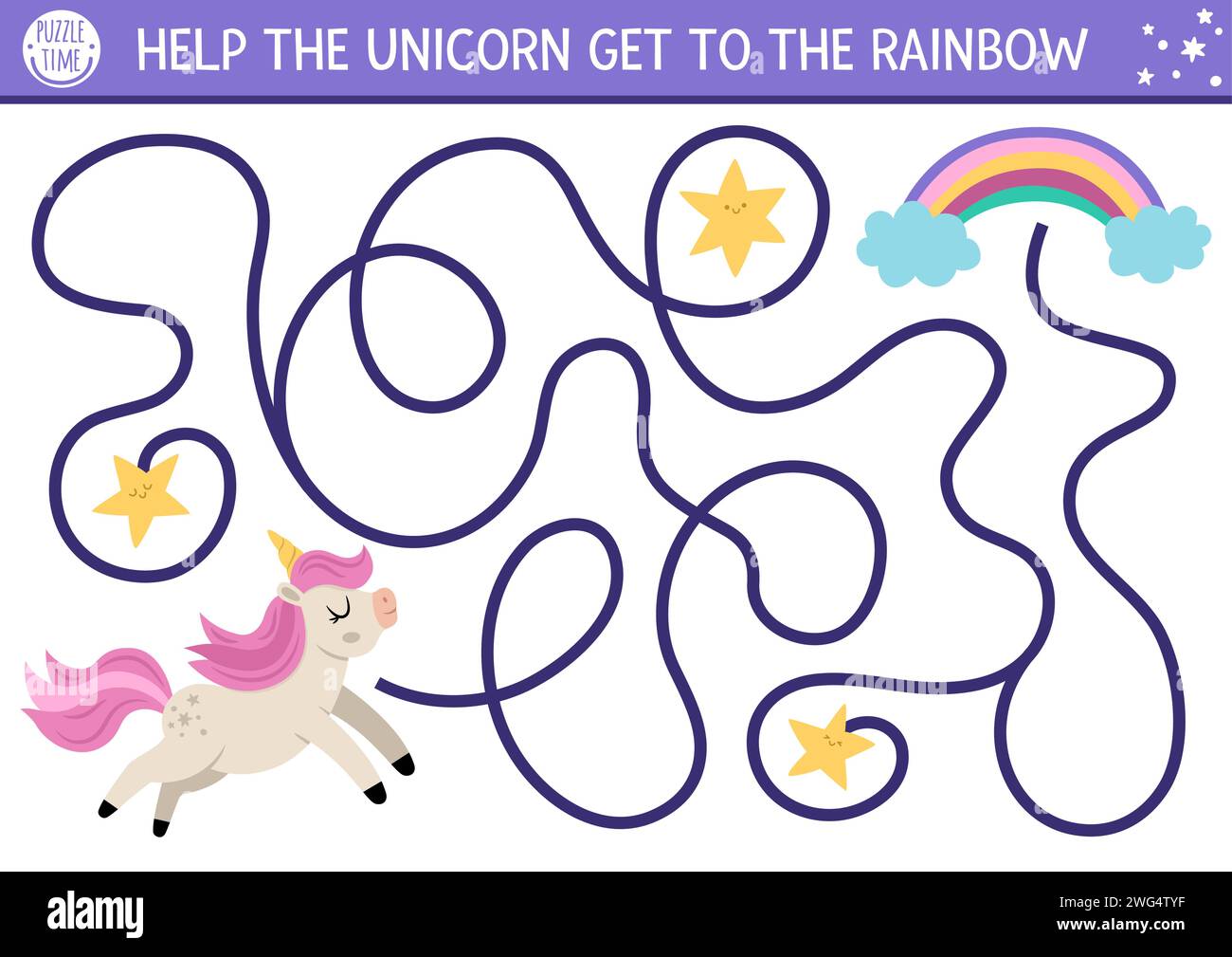 Unicorn maze for kids with fantasy horse with horn running to rainbow. Magic world preschool ...