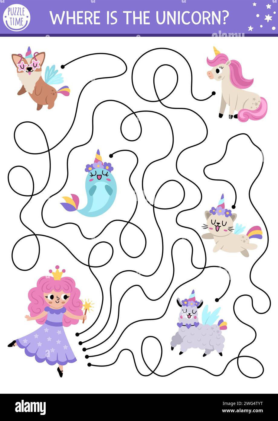 Maze for kids with fairy and fantasy animals with horns. Magic world ...