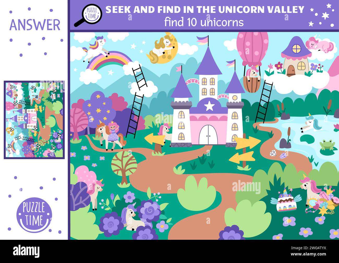 Vector searching game with magic village landscape. Spot hidden ...