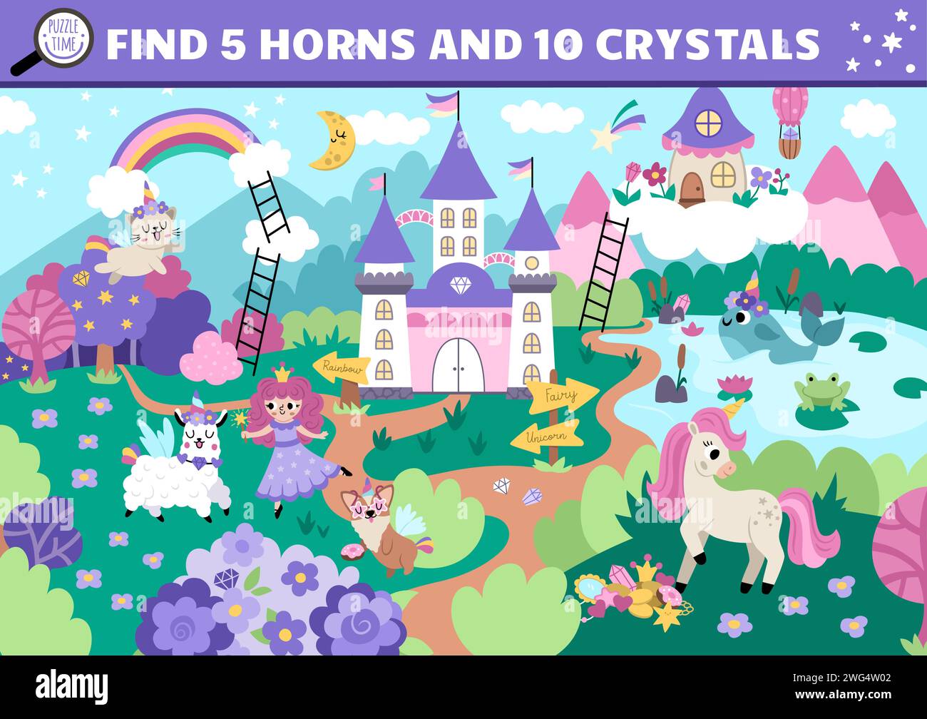 Vector unicorn searching game with magic village landscape. Spot hidden ...