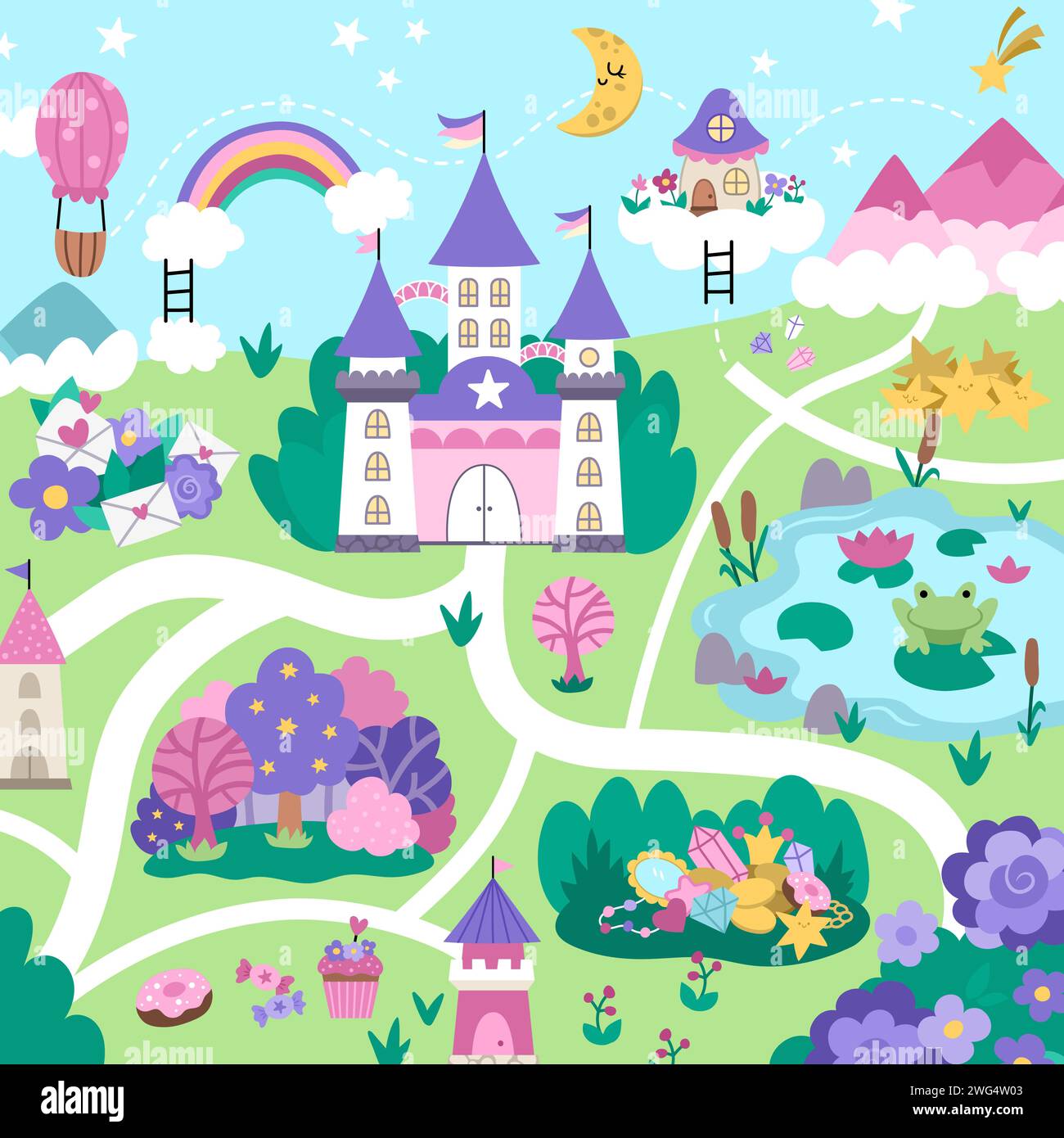 Unicorn village map. Fairytale background. Vector magic country scenes ...