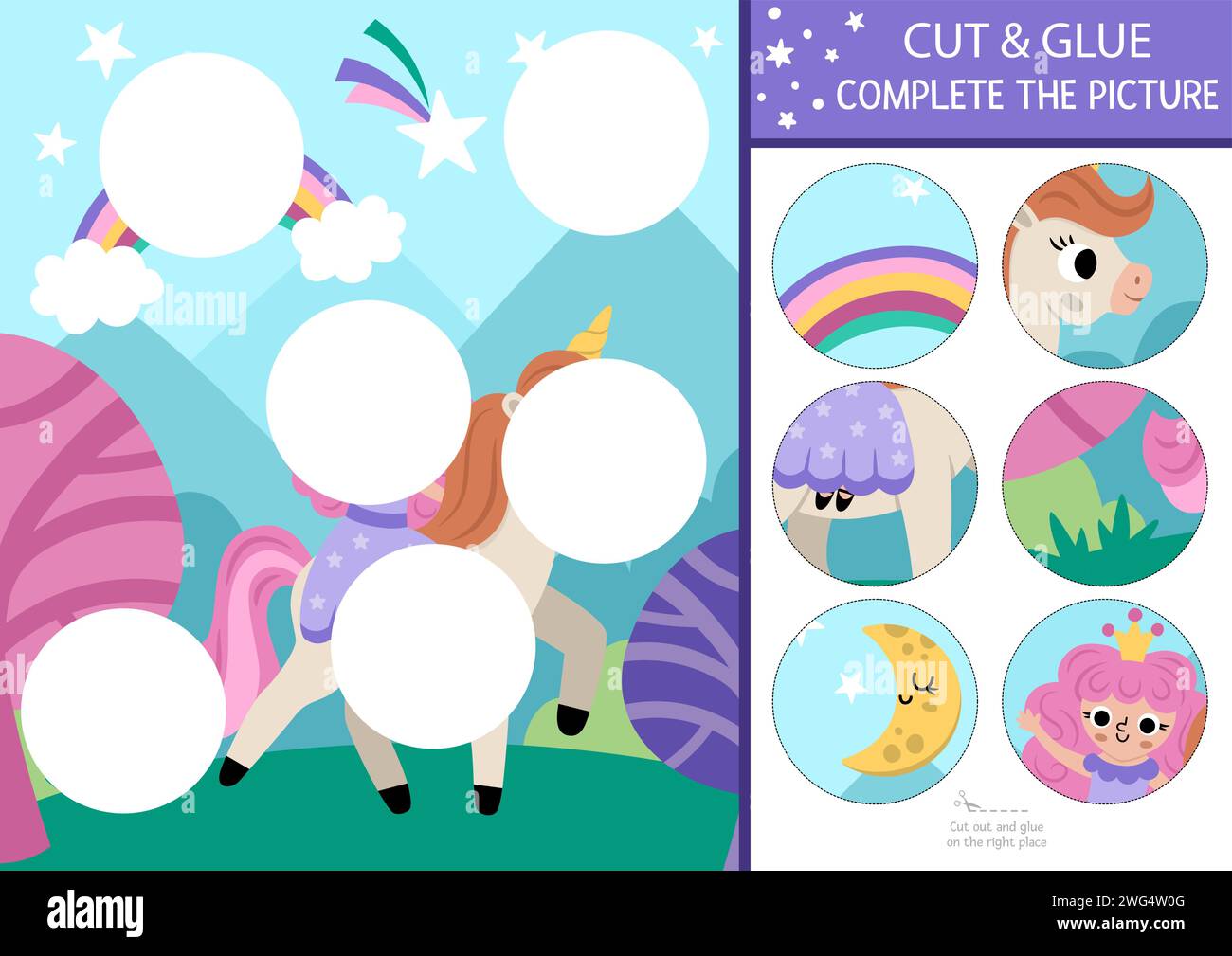 Vector unicorn cut and glue activity. Fairytale crafting game with cute ...
