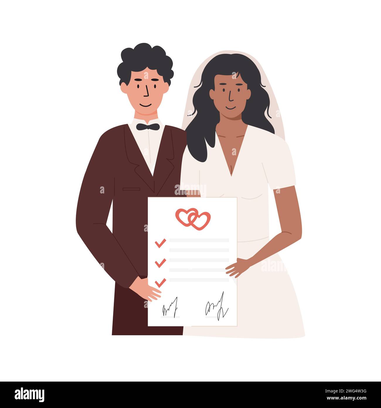 A groom and bride holding signed marriage contract. Interracial married ...