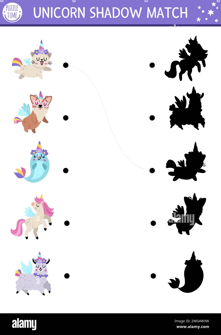 Unicorn shadow matching activity with animals with horns. Magic world ...