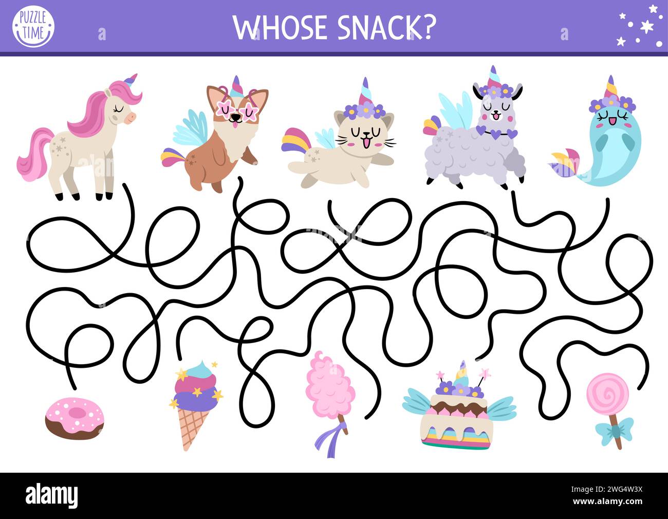 Unicorn maze for kids with fantasy horse with horn running to rainbow ...