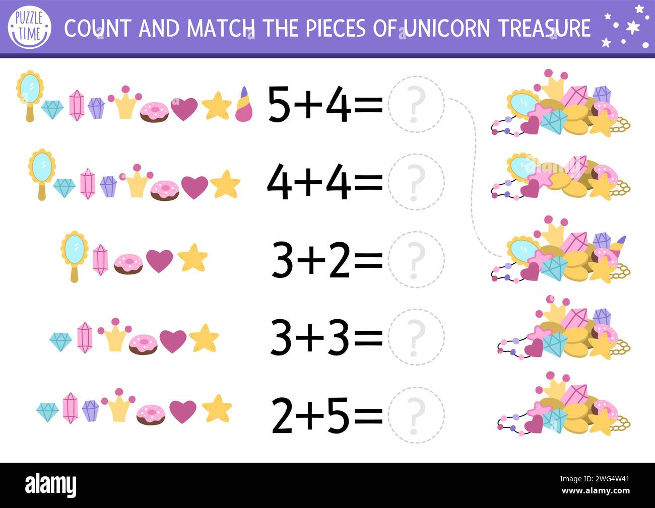 Mathematic game with cute unicorn treasures. Magic, fairytale math ...