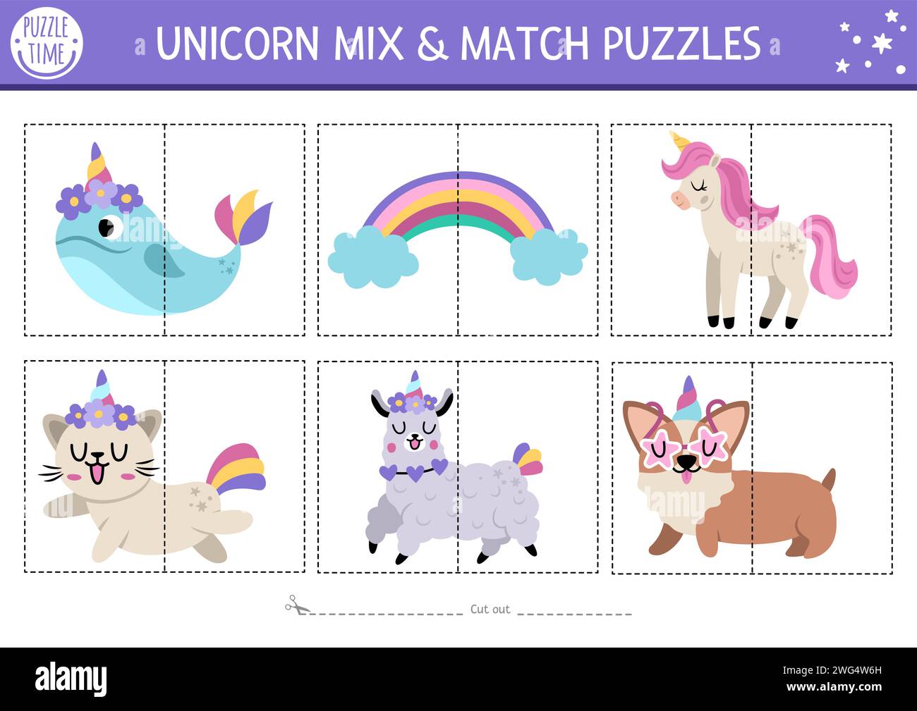 Vector unicorn mix and match puzzle with cute animals. Matching ...