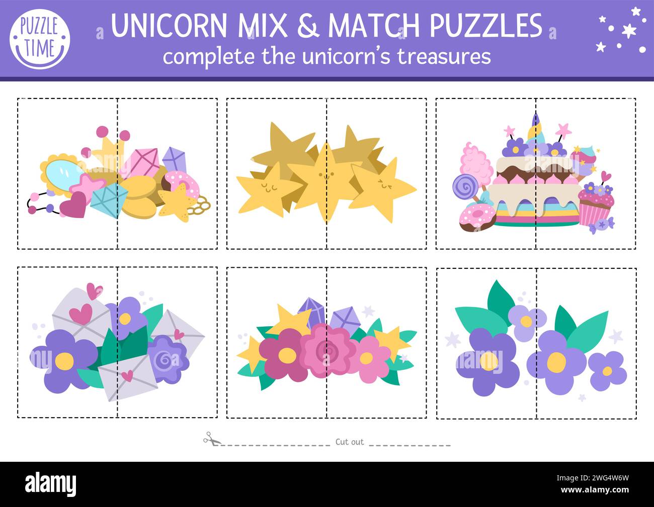 Vector unicorn mix and match puzzle with cute treasures. Matching ...