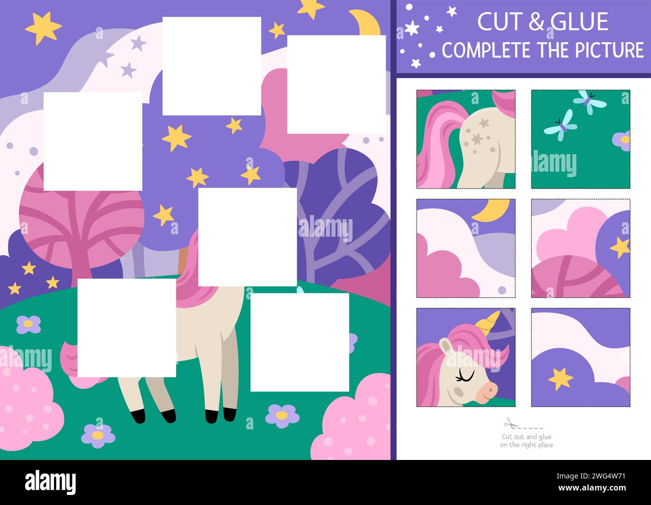 Vector unicorn cut and glue activity. Fairytale crafting game with cute ...