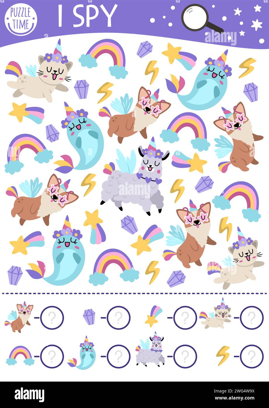 Unicorn I spy game for kids. Searching and counting activity with ...