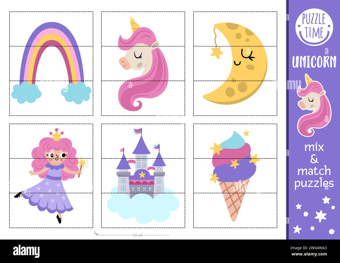 Vector unicorn mix and match puzzle with cute fairy, half-moon, castle ...