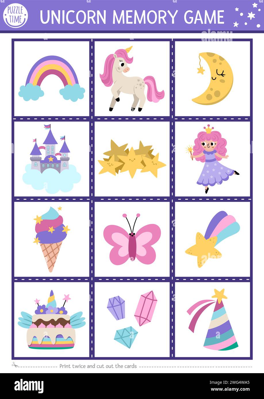 Vector unicorn memory game cards with cute rainbow, falling star, fairy ...
