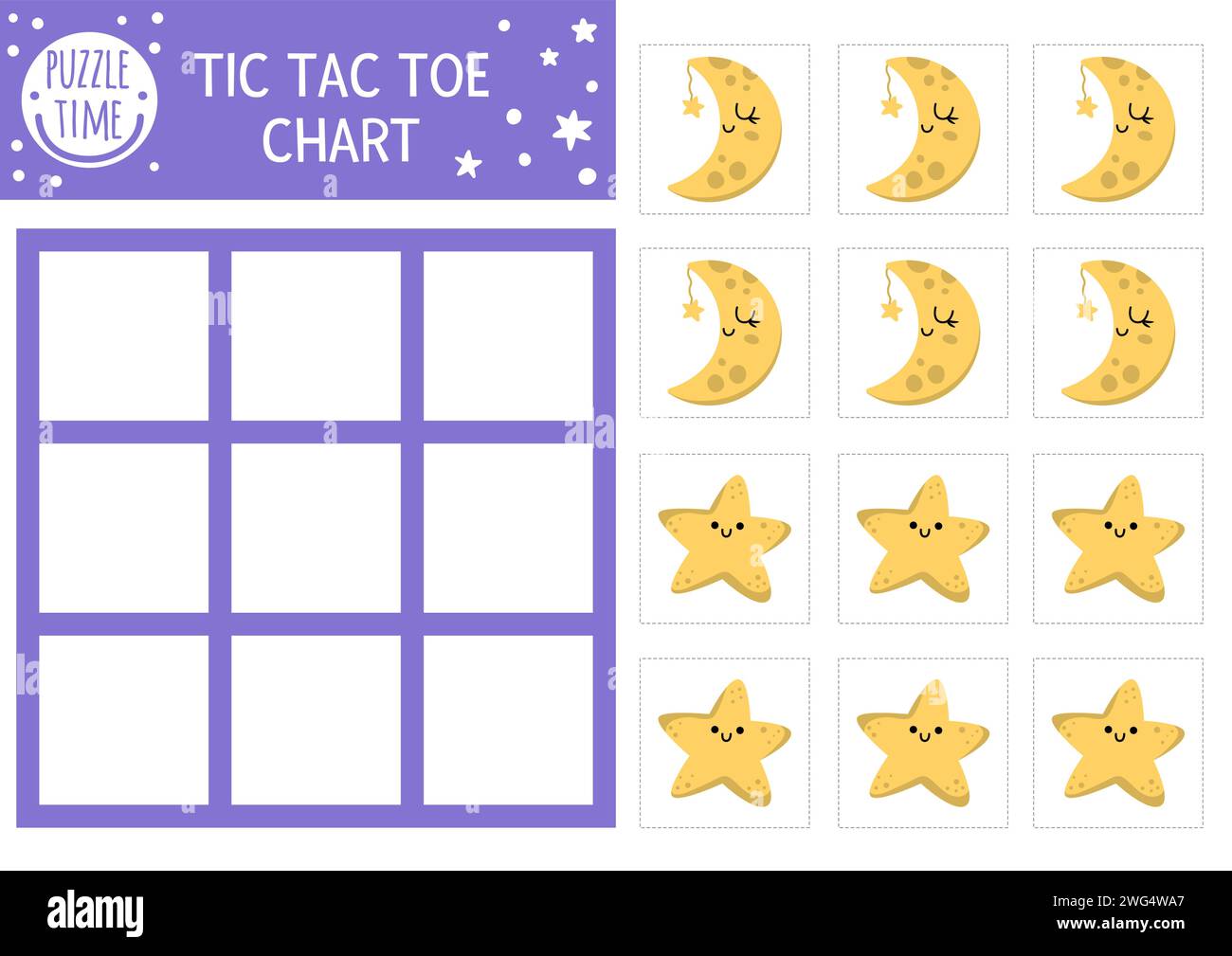 Vector unicorn tic tac toe chart with cute half-moon and star. Magic ...