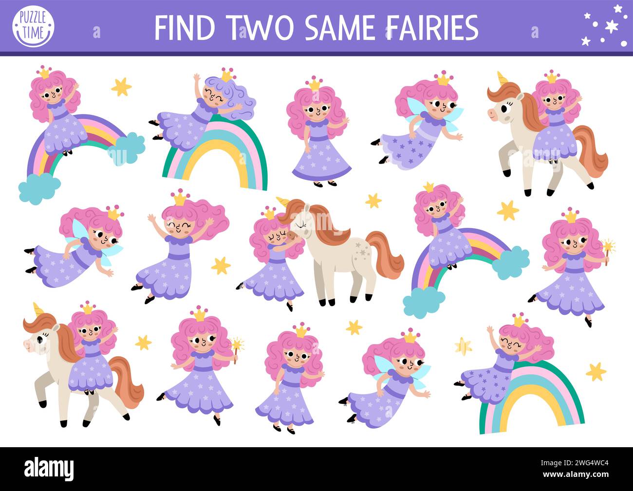 Find two same fairy girl. Magic world matching activity for children ...