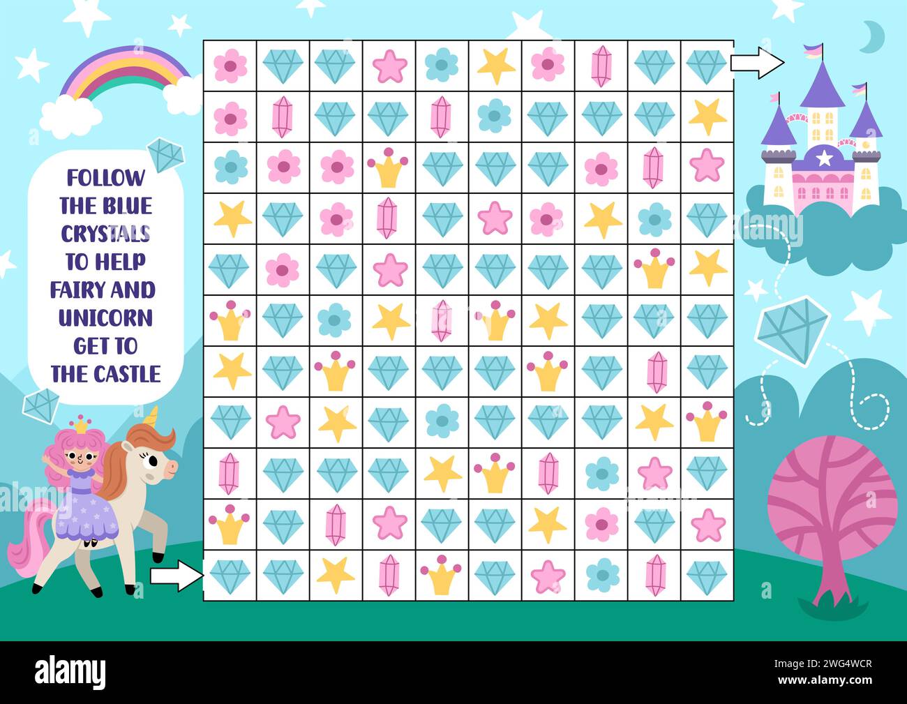 Unicorn maze, seek and find game with gems, stars, flowers. Attention ...