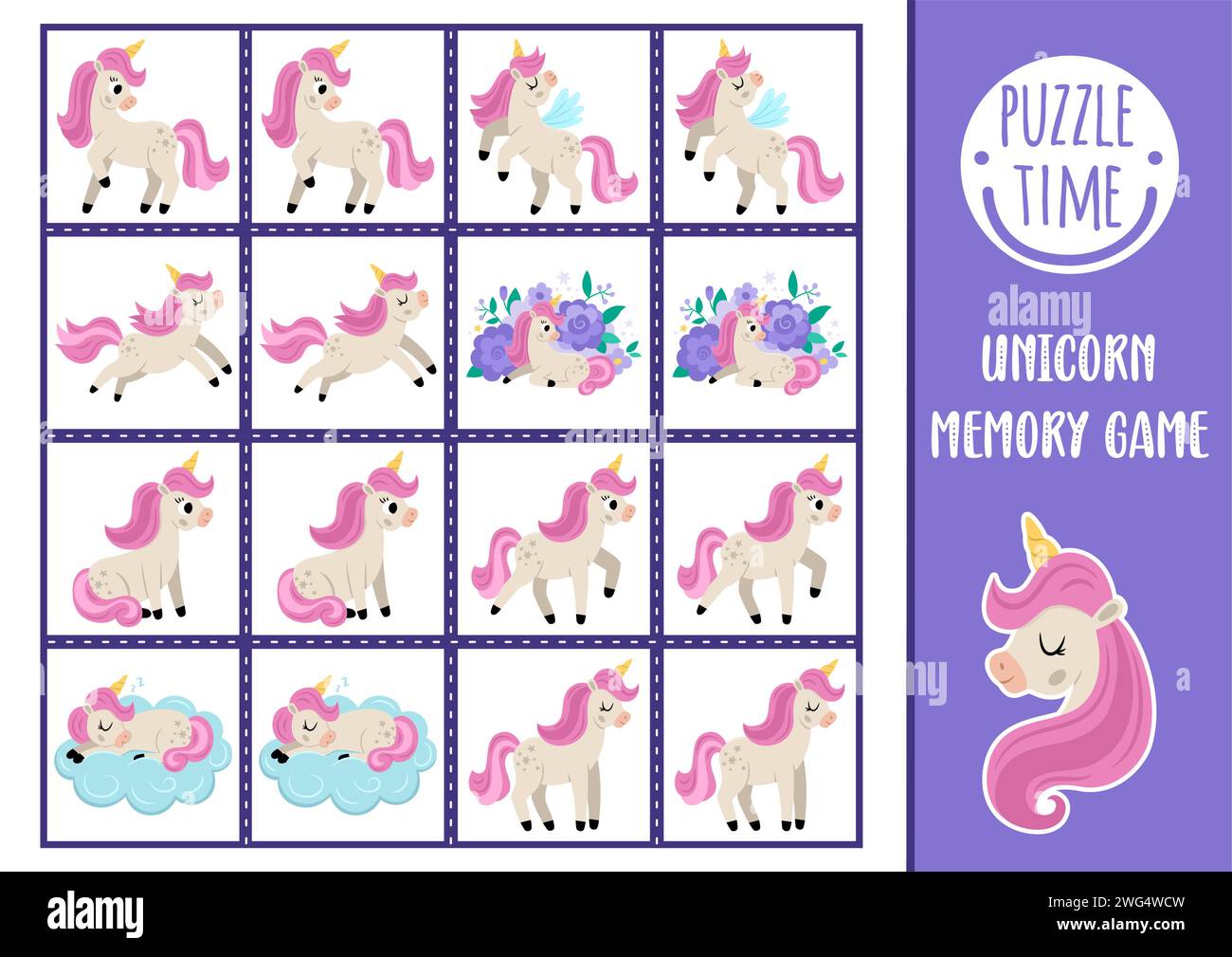 Vector unicorn memory game cards. Magic, fantasy world matching ...