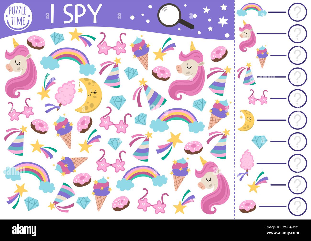 Unicorn I spy game for kids. Searching and counting activity with ...