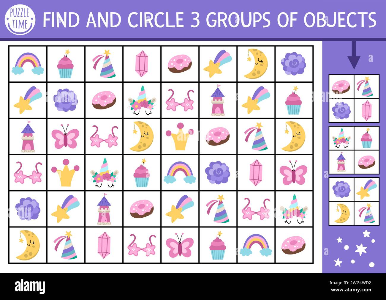 Unicorn seek and find game with magic elements. Attention skills ...