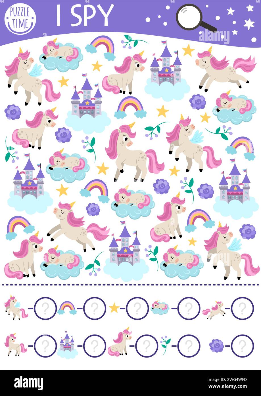Unicorn I spy game for kids. Searching and counting activity with ...