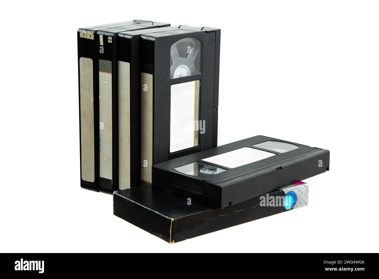 Pile of VHS video cassettes. Vintage media. Isolate on a white ...