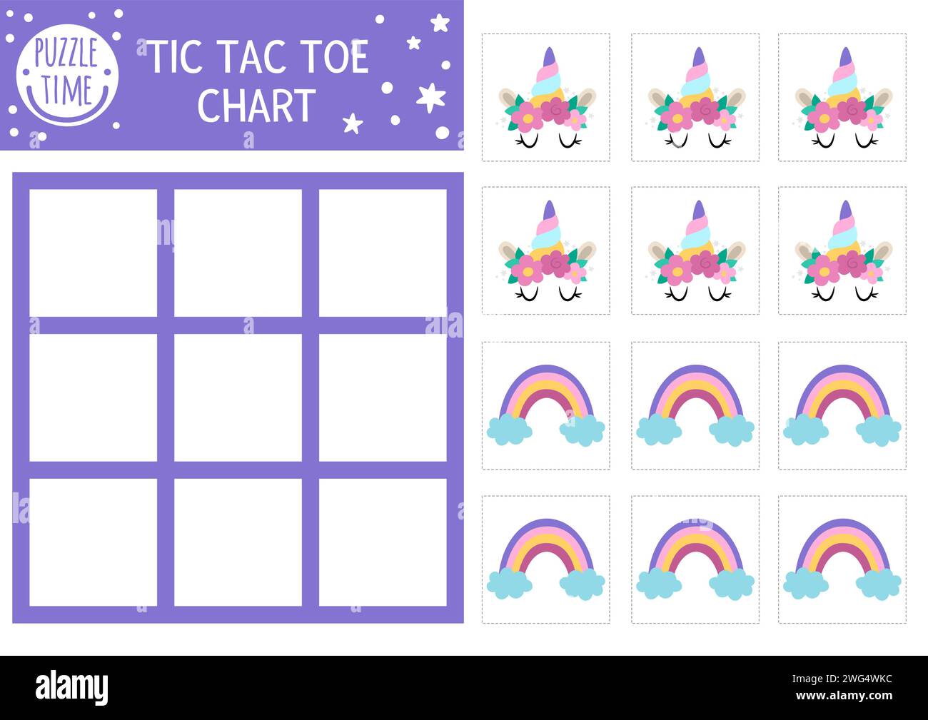 Vector unicorn tic tac toe chart with fairy and rainbow. Magic, fantasy ...