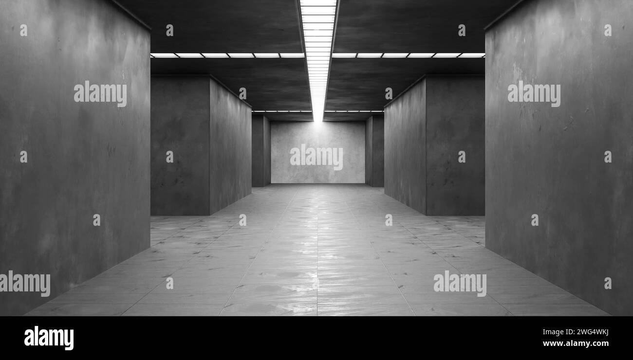A Long concrete industrial design hallway With Illuminated End 3d ...