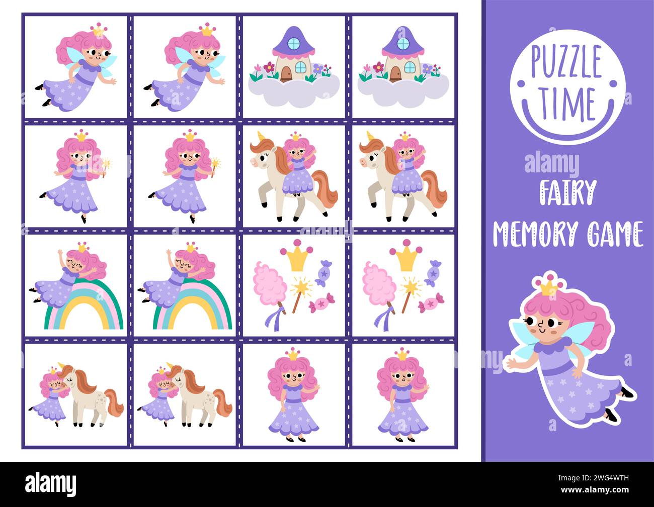 Vector unicorn memory game cards with cute fairy princess. Magic ...