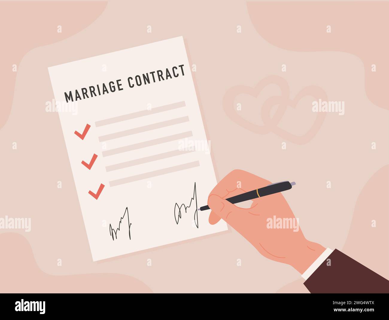 A person hand with pen signing marriage contract flat style ...