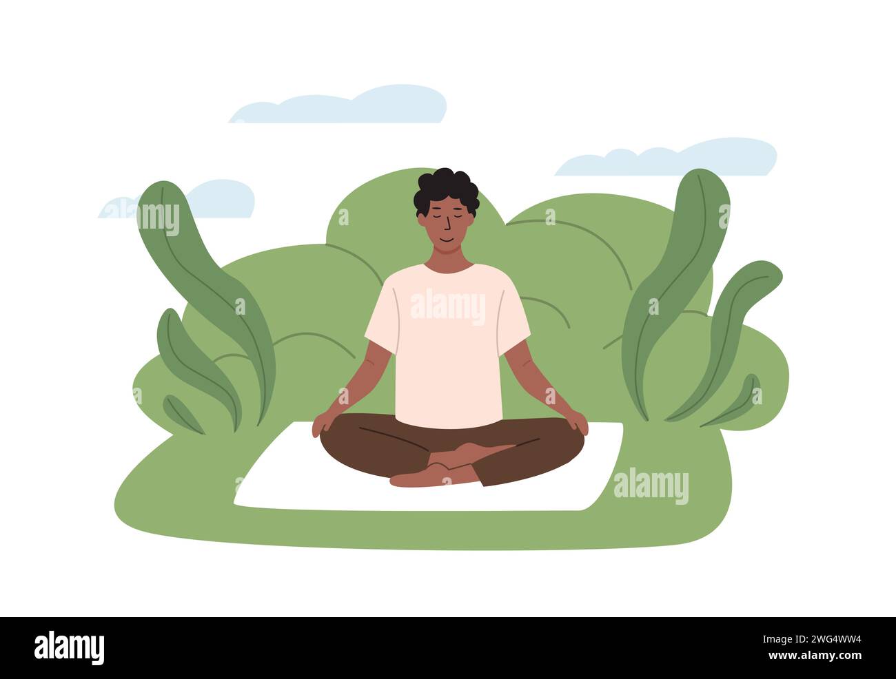 African male person with crossed legs closed eyes meditating on nature ...