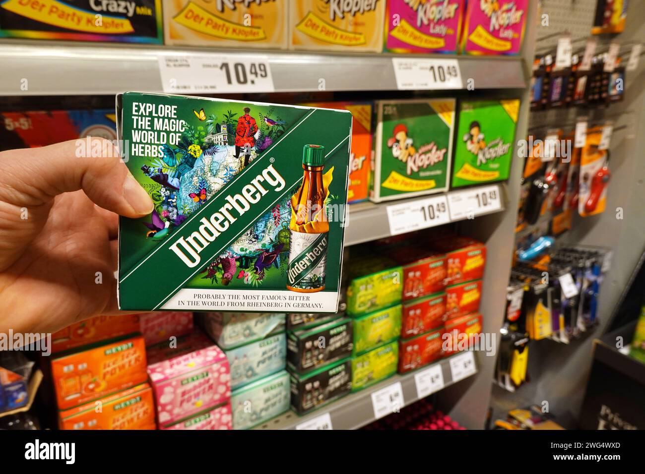 Box mini bottles Underberg digestif bitter in a store Stock Photo - Alamy