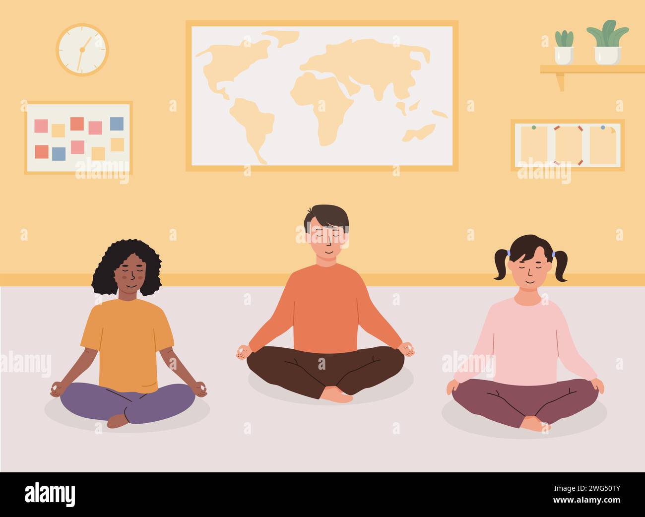 Primary or elementary school kids doing yoga in classroom. Smiling ...