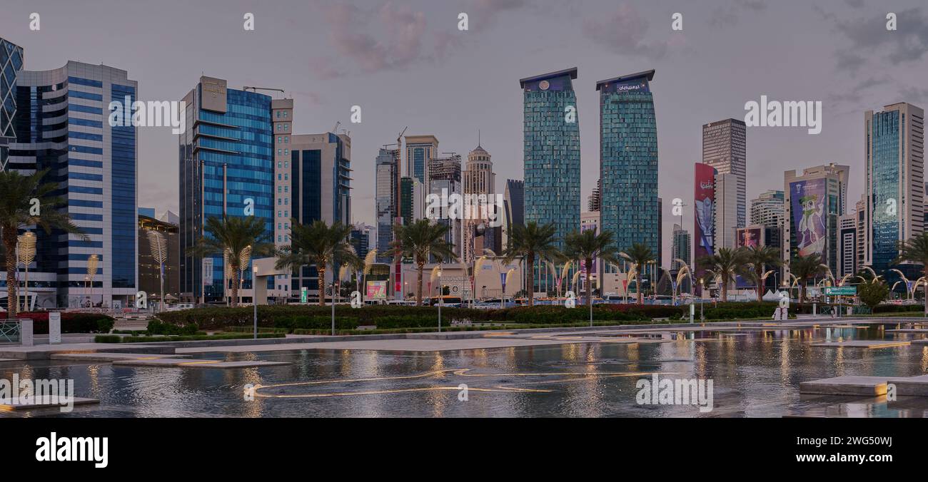 Doha skyline in west bay area Doha, Qatar sunset shot taken from the ...