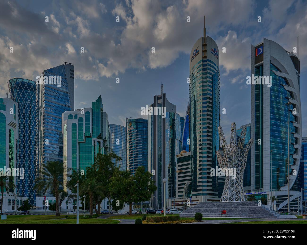 Doha skyline in west bay afternoon shot from Hotel park with Sheikh ...