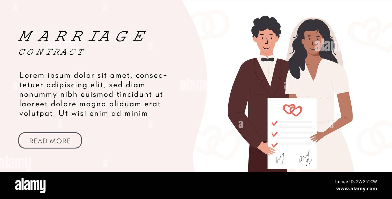 A groom and bride holding a signed marriage contract. Diverse married ...