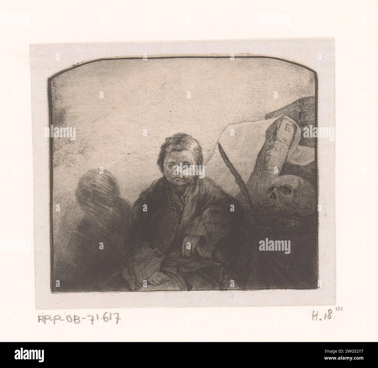 Sitting boy at a table with a book and skull, Jean Pierre Norblin de la ...