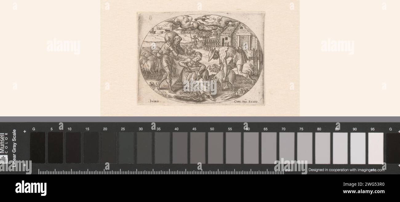 April, Etienne Delaune, 1568 print Farm with a shepherd with dog ...