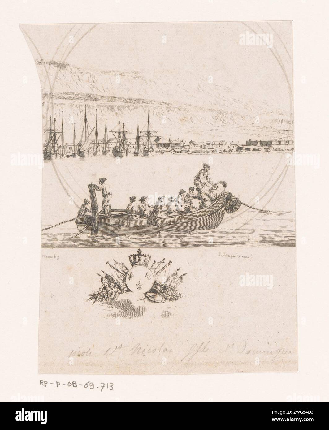 Sloop with men in a harbor, Louis Joseph Masquelier, 1751 - 1811 print ...