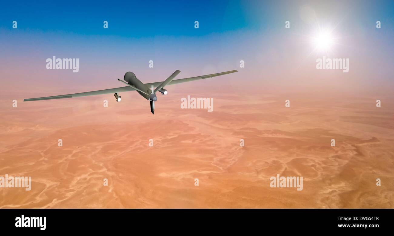 MQ military drone flying over desert on the Middle East Stock Photo - Alamy
