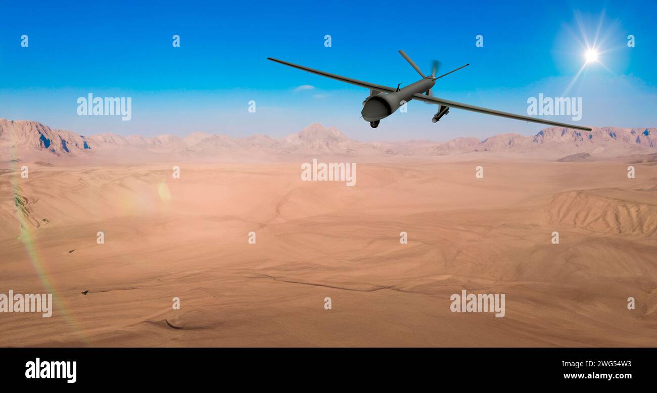 MQ military drone flying over desert on the Middle East Stock Photo - Alamy