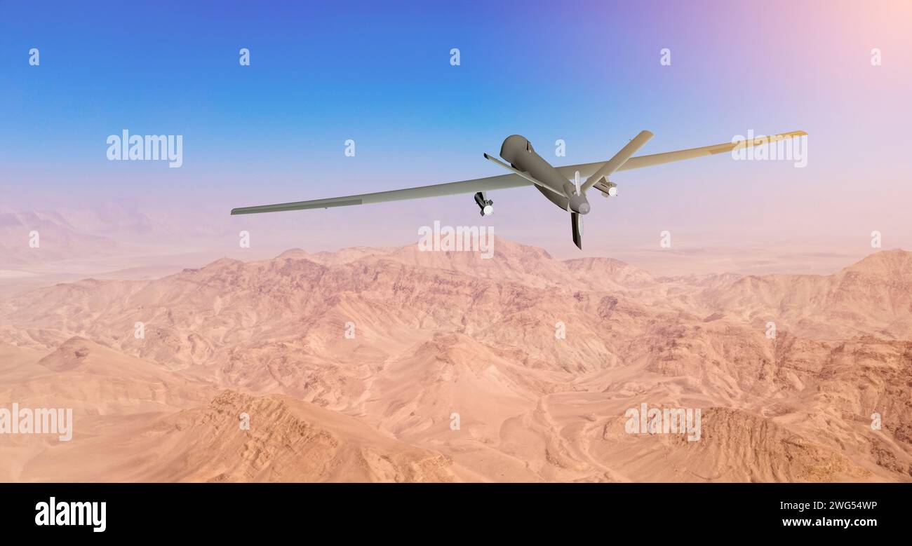 MQ military drone flying over desert on the Middle East Stock Photo - Alamy