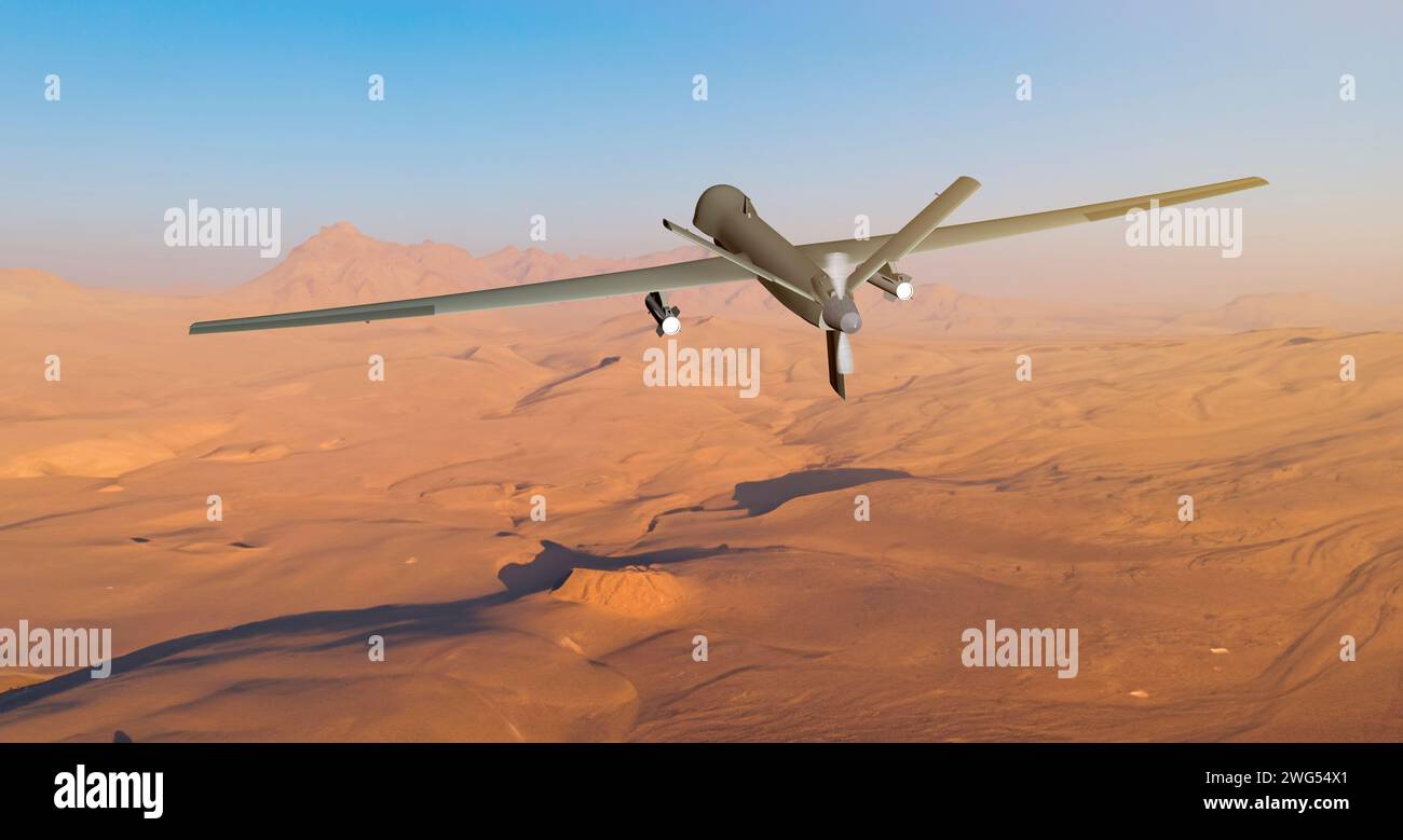 MQ military drone flying over desert on the Middle East Stock Photo - Alamy
