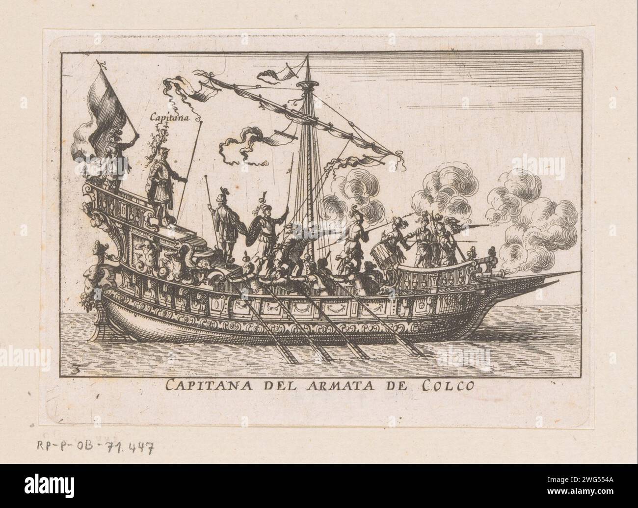 Ship with soldiers with shooting guns and the captain on the stern ...