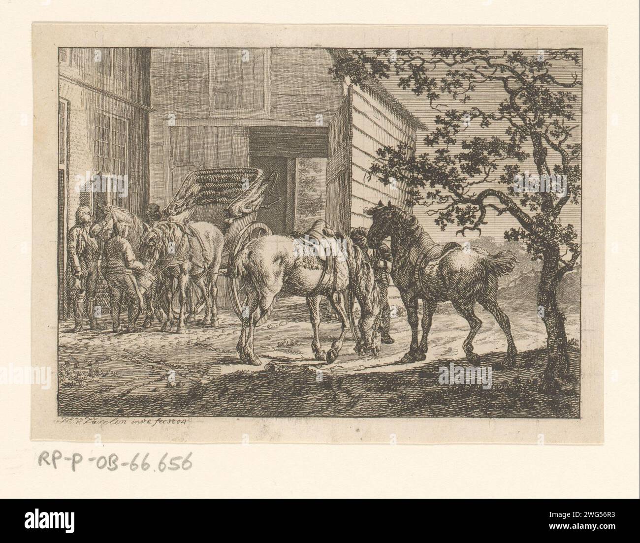 Four horses are fed for a stable, Jacob Elias van Varelen, 1804 print ...