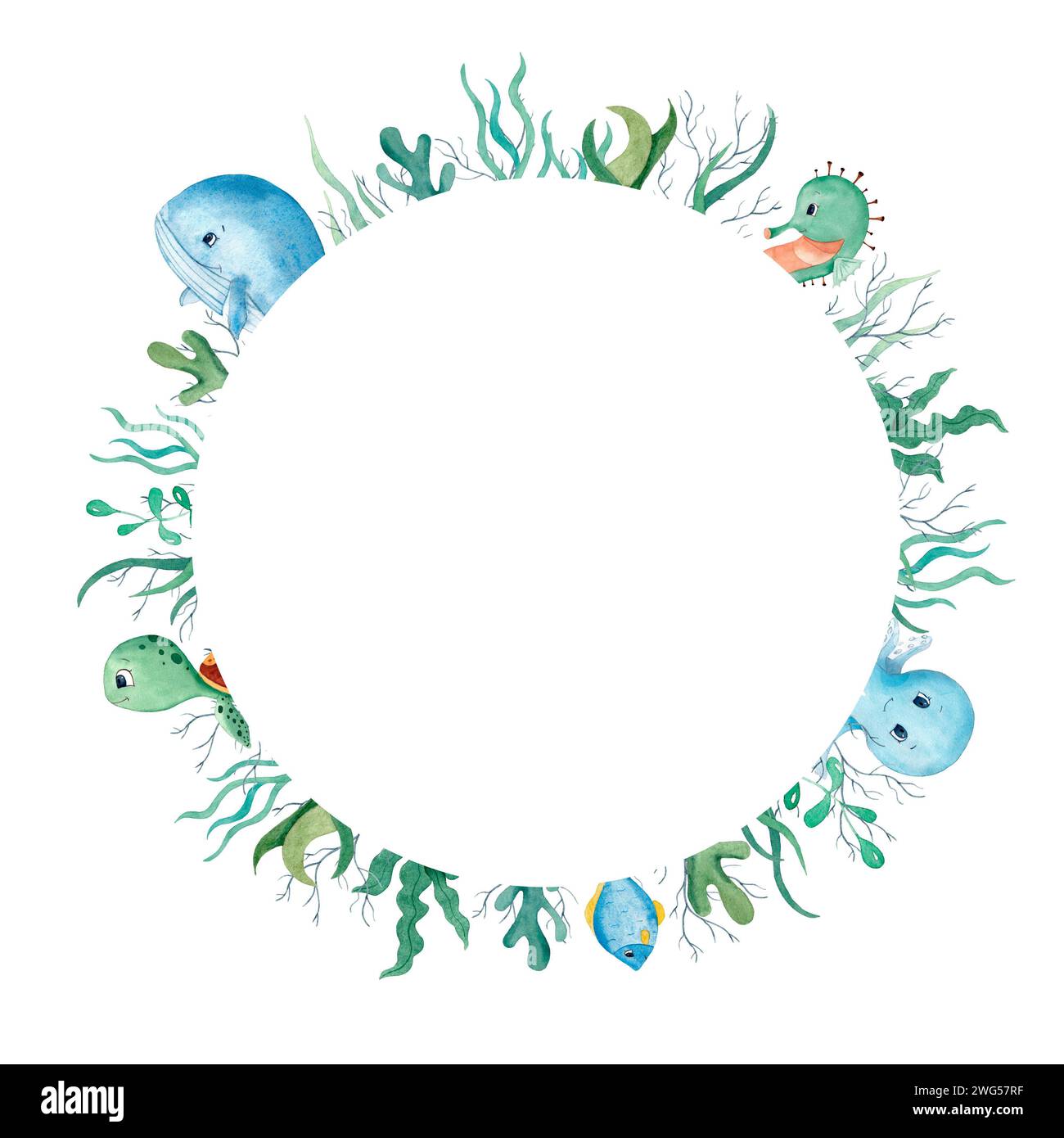 Watercolor hand-drawn frame with sea turtle, octopus, whale, seaweed ...