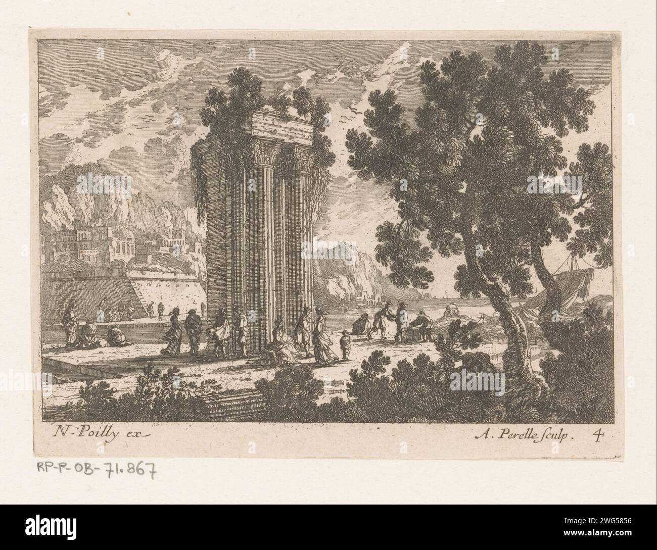 Harbor face with figures in antique pillars, Adam Perelle, 1650 - 1695 ...