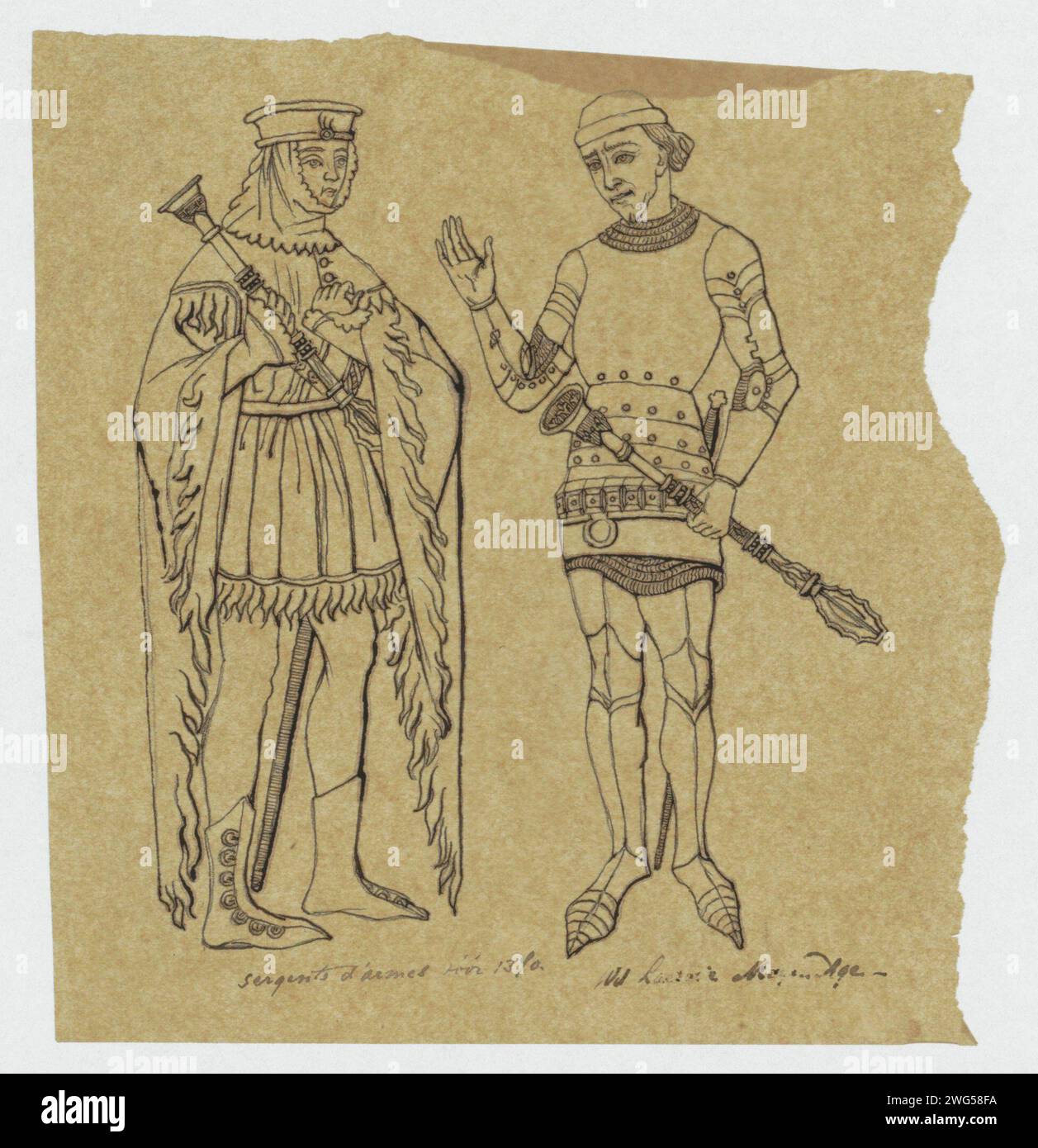 Two medieval soldiers before 1370, 1874 - 1925 drawing The drawing has ...
