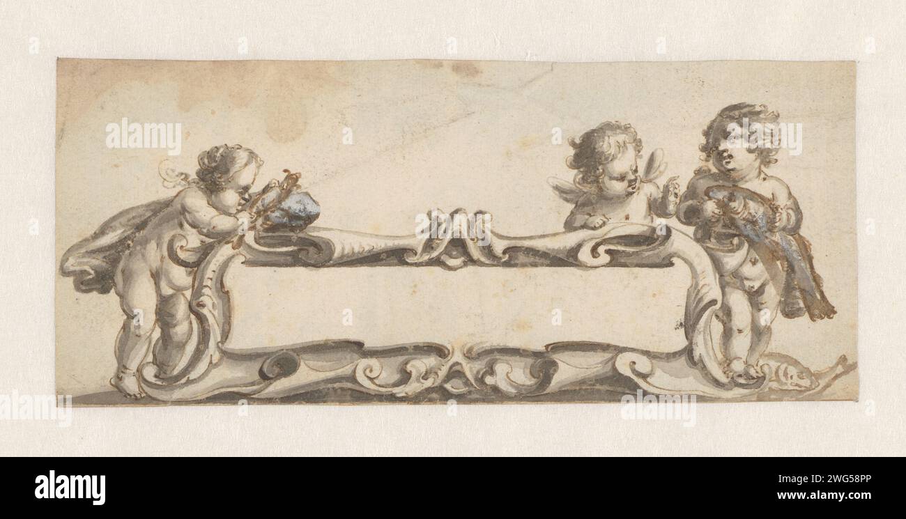 Elongated cartouche with three putti, Pieter Jansz, 1657 - 1662 drawing ...