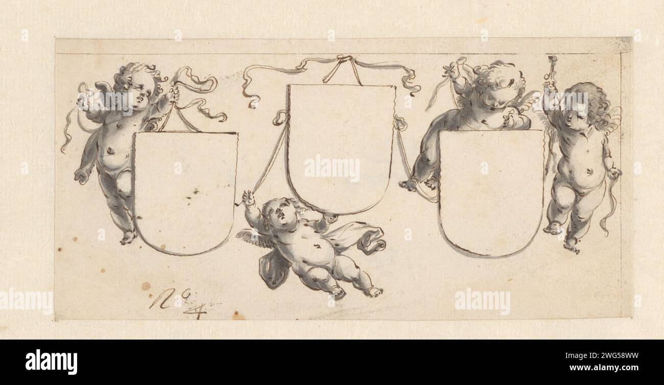 Four putti with three coats of arms, Pieter Jansz, 1657 - 1662 drawing ...